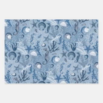Coastal Beach Blue Ocean Sea Life Wrapping Paper Sheets | Zazzle