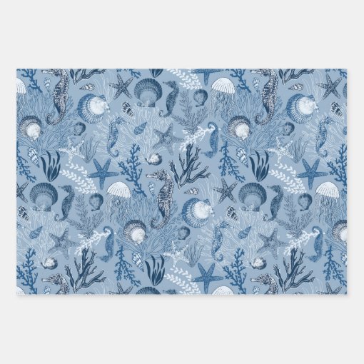 Coastal Beach Blue Ocean Sea Life Wrapping Paper Sheets | Zazzle