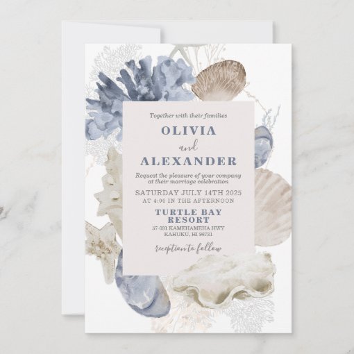 Coastal beach blue seashell wedding Invitation | Zazzle