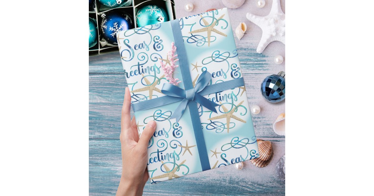 Coastal Beach Christmas SEAS & GREETINGS Wrapping Paper | Zazzle
