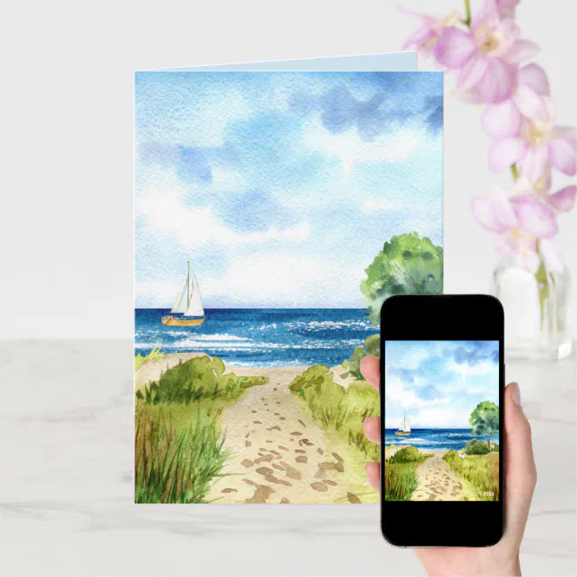 Coastal Beach Ocean Scene with Sailboat Shoreline Card | Zazzle