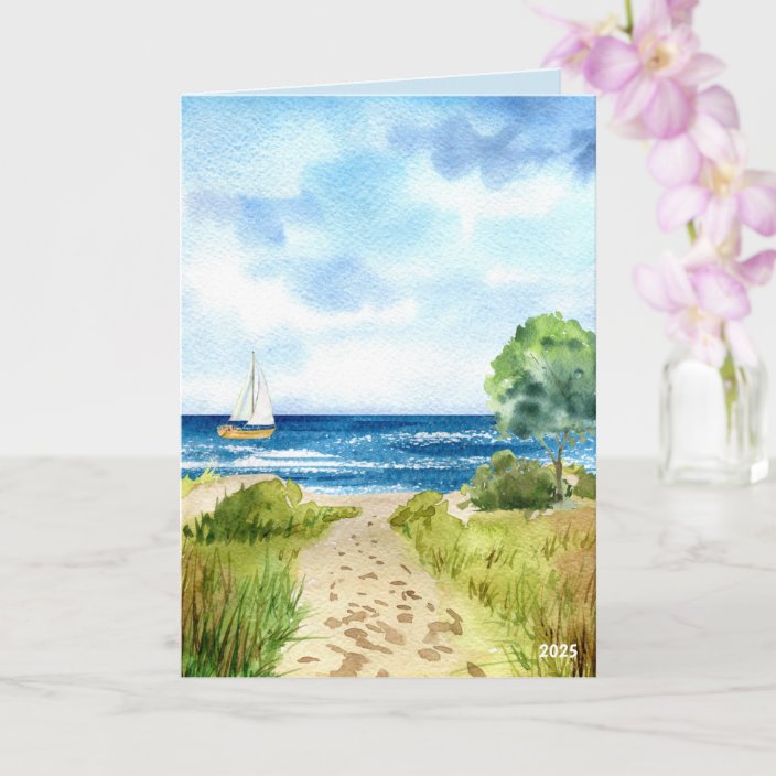 Coastal Beach Ocean Scene with Sailboat Shoreline Card | Zazzle.com