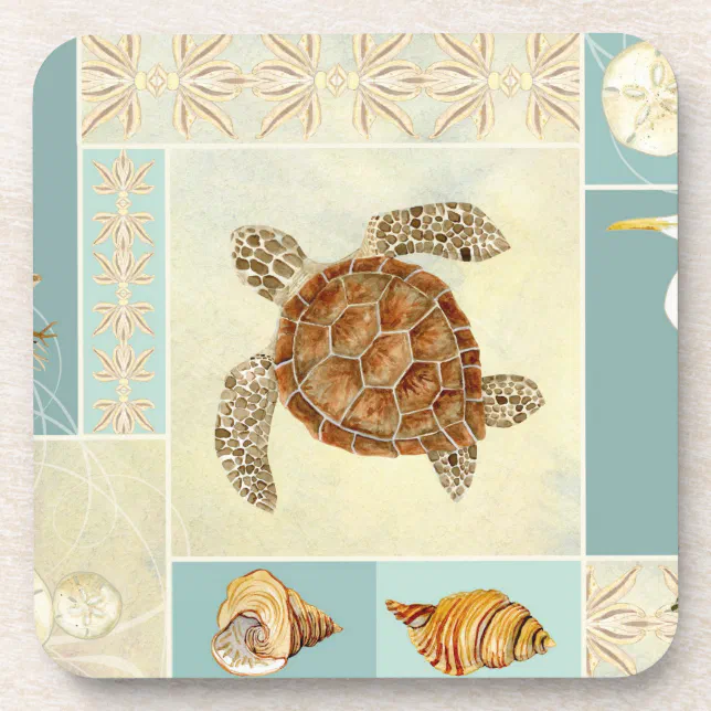 Coastal Beach Ocean Seashore Collage Sea Turtle Coaster | Zazzle