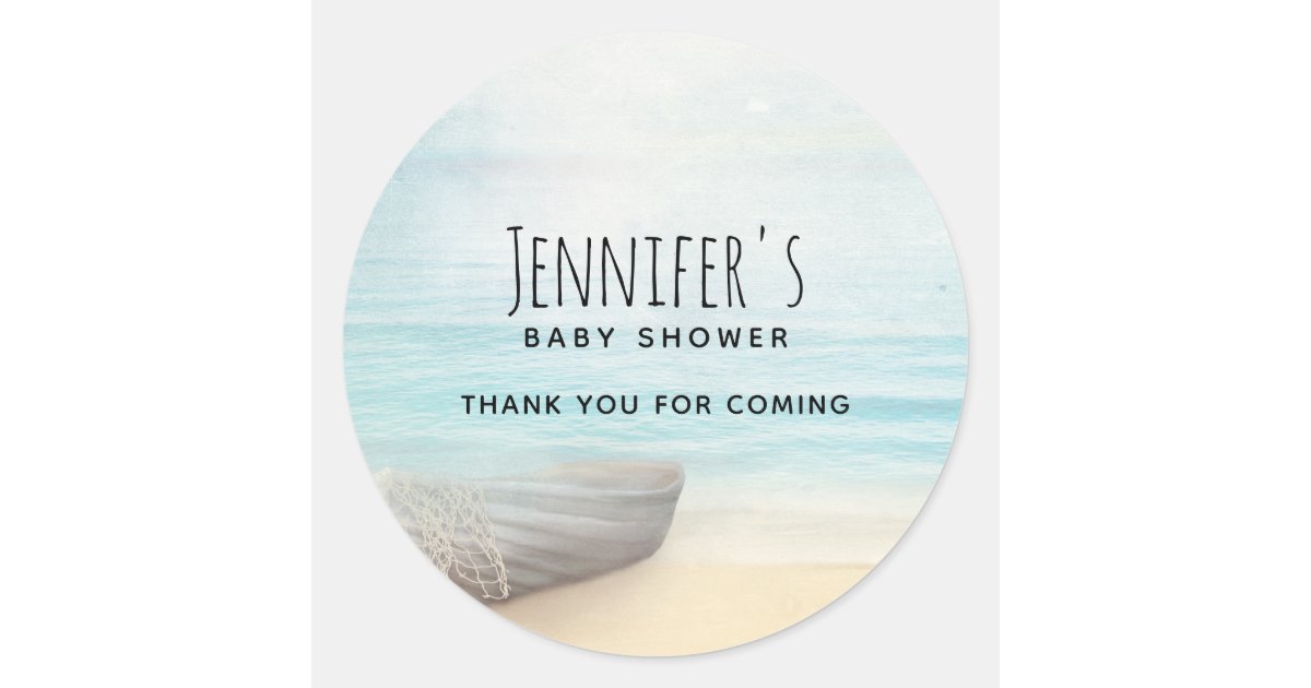 Coastal Beach Scene with a Fishing Boat Thank You Classic Round Sticker ...