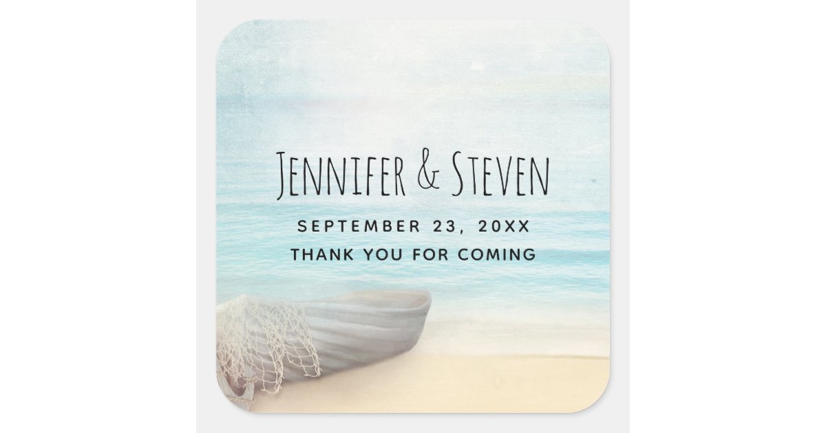 Coastal Beach Scene with a Fishing Boat Thank You Square Sticker | Zazzle
