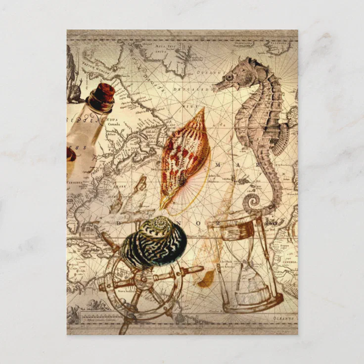 Coastal beach starfish seashell Nautical Map Postcard | Zazzle