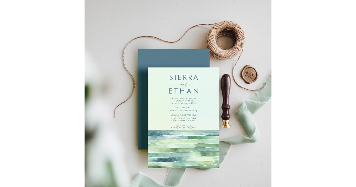 Coastal Beach Tide Pool Sea Modern Stripes Wedding Invitation | Zazzle