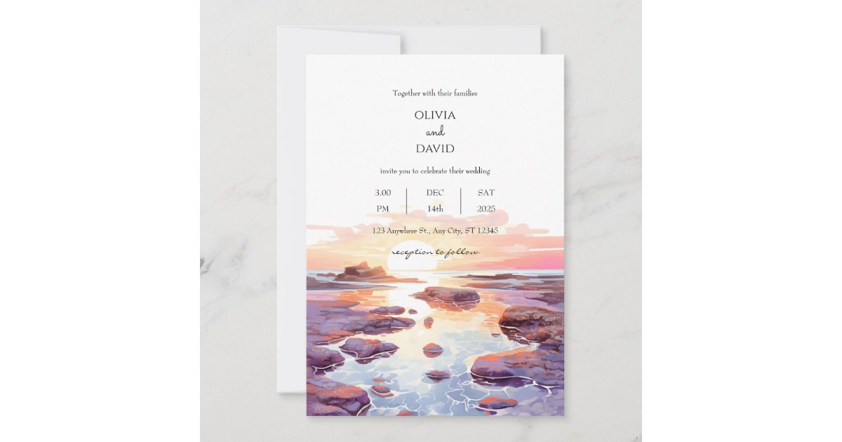 Coastal Beachside Sunset Tide Pools Wedding Invitation | Zazzle
