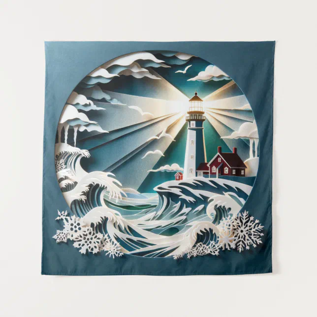 Coastal Beacon: A Papercut Art Lighthouse Scene Tapestry | Zazzle