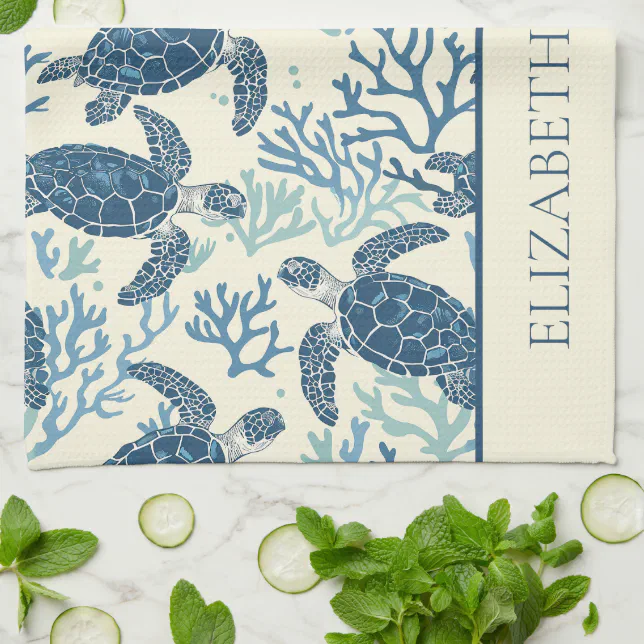 Coastal Blue and Cream Sea Turtles Personalized Kitchen Towel | Zazzle