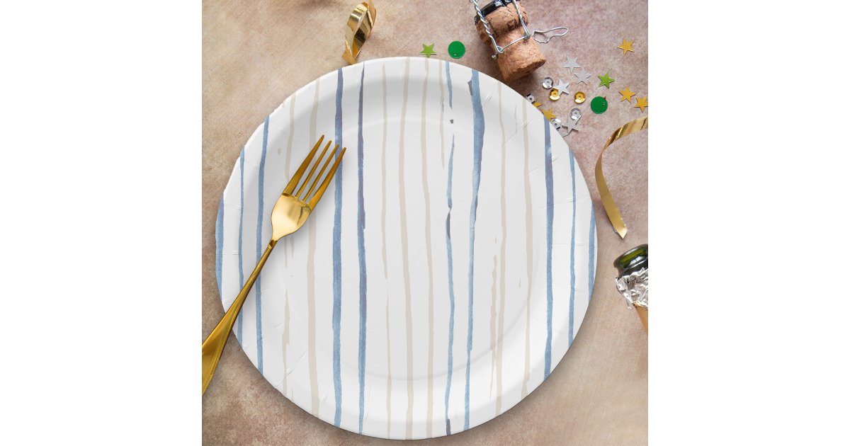 Coastal Blue and Sand Brushstroke Striped Paper Plates | Zazzle