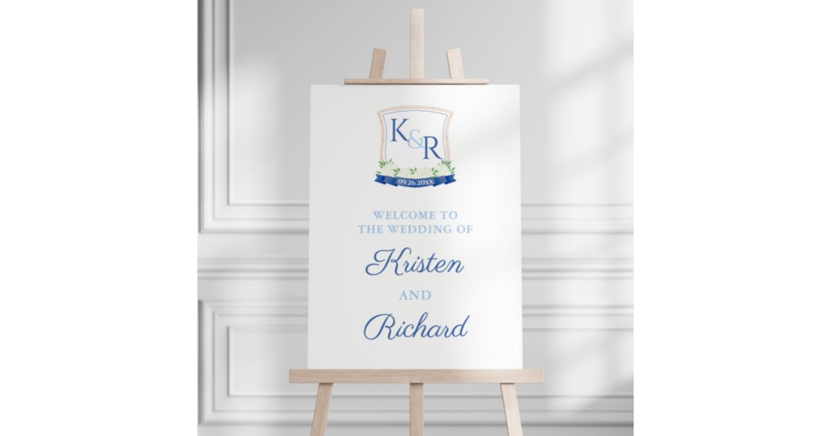 Coastal Blue And White Wedding Crest Welcome Sign | Zazzle