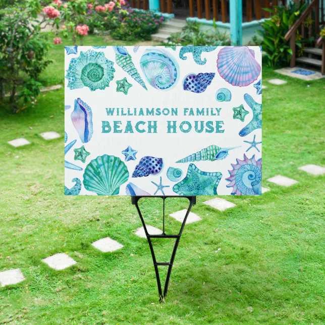 Coastal Blue Sea Shells and Starfish Beach House Sign | Zazzle