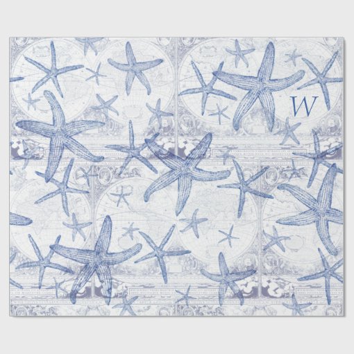 Coastal Blue Starfish Monogrammed Initial Wrapping Paper | Zazzle
