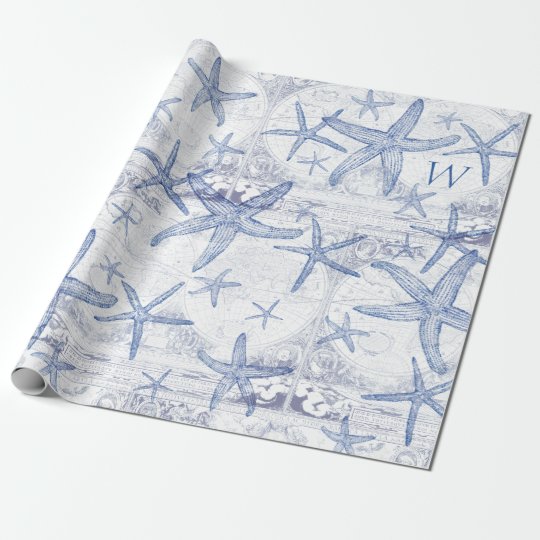 Coastal Blue Starfish Monogrammed Initial Wrapping Paper | Zazzle.com