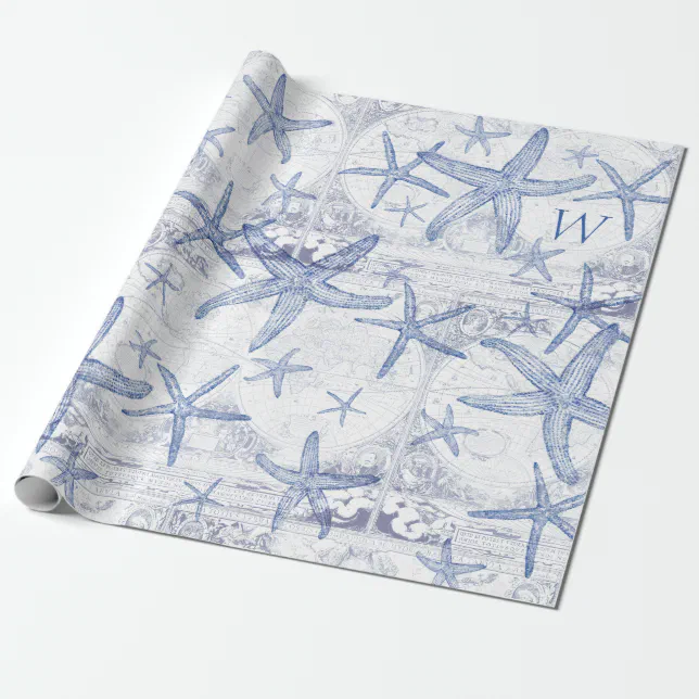Coastal Blue Starfish Monogrammed Initial Wrapping Paper | Zazzle