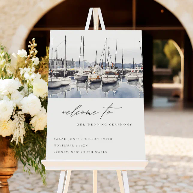 Coastal Boats at Harbor Seascape Wedding Welcome Foam Board | Zazzle