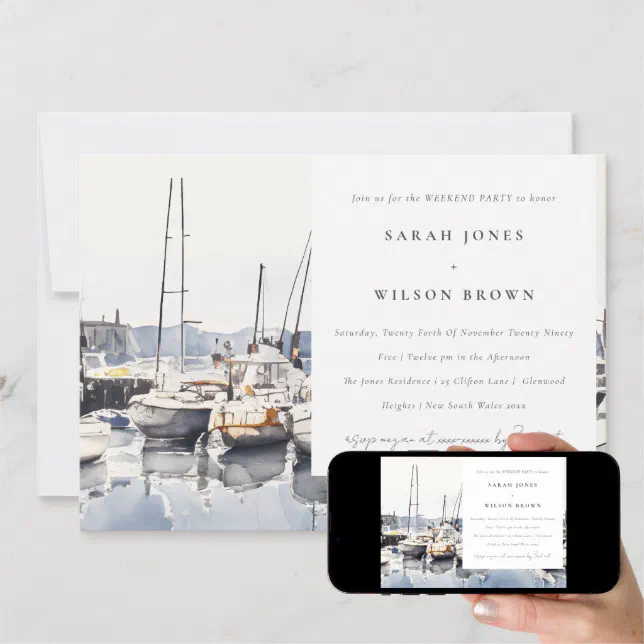 Coastal Boats at Harbor Seascape Weekend Party Invitation | Zazzle