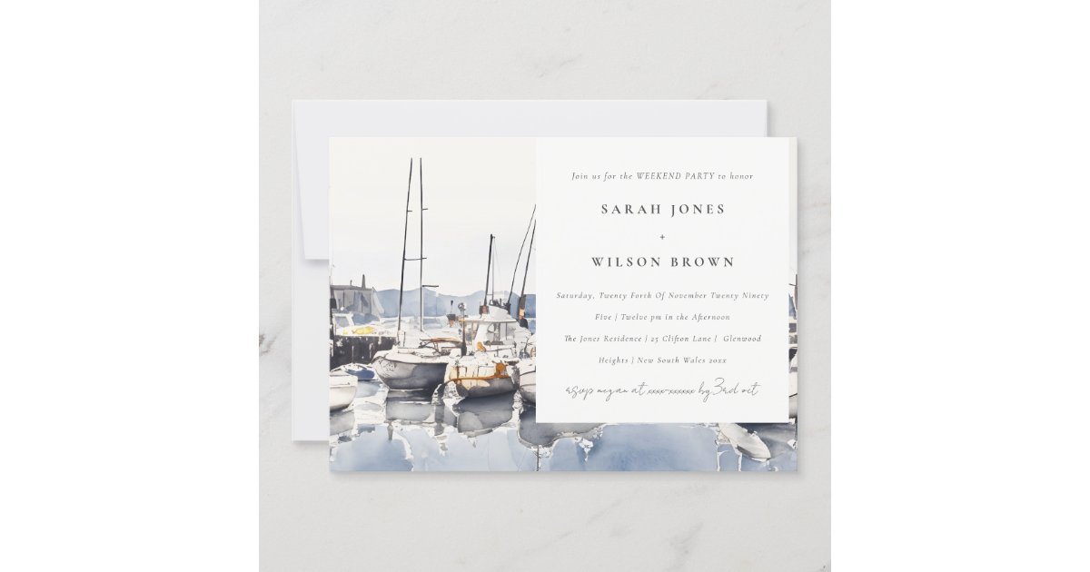 Coastal Boats at Harbor Seascape Weekend Party Invitation | Zazzle