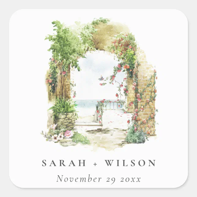 Coastal Botanical Arch Sand Beach Seascape Wedding Square Sticker | Zazzle