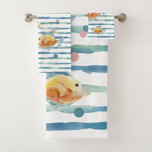 COASTAL BRIGHT WATERCOLOR TROPICAL FISH, BEACH BATH TOWEL SET | Zazzle