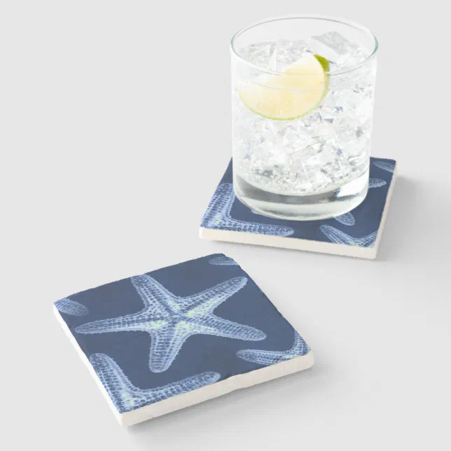 coastal chic beach rustic nautical blue starfish stone coaster | Zazzle