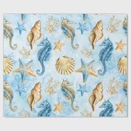 Coastal Chic | Modern Blue and Gold Under the Sea Wrapping Paper | Zazzle