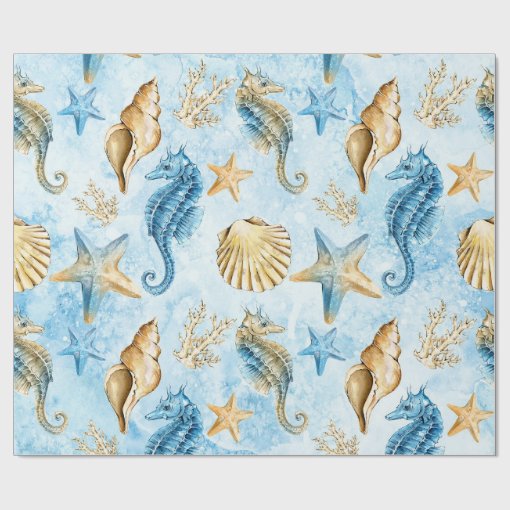 Coastal Chic | Modern Blue and Gold Under the Sea Wrapping Paper | Zazzle