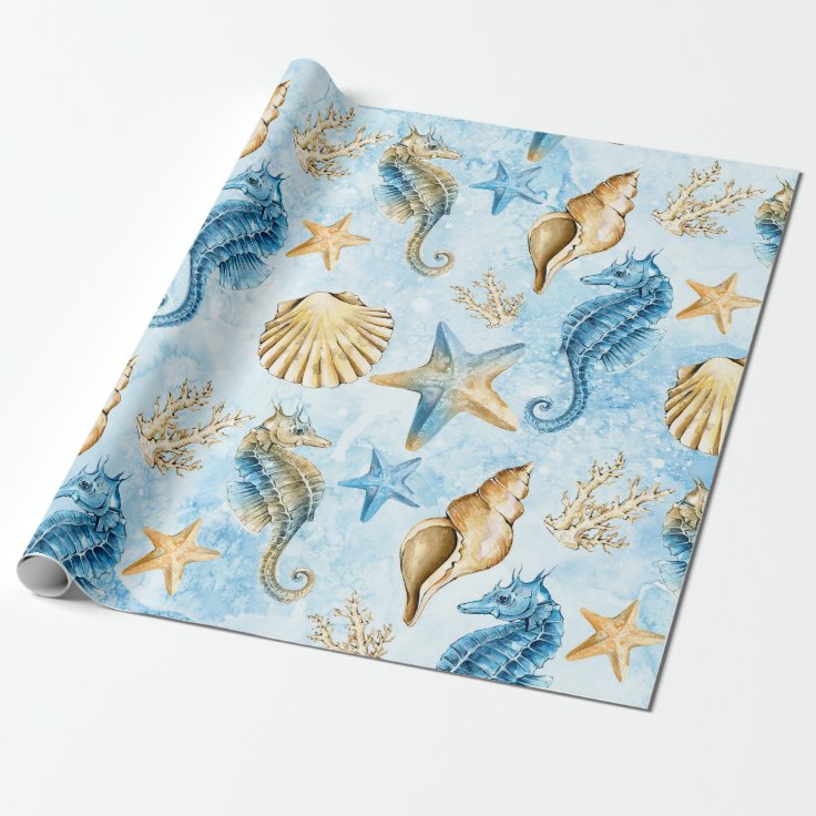 Coastal Chic | Modern Blue and Gold Under the Sea Wrapping Paper | Zazzle