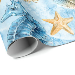 Coastal Chic | Modern Blue and Gold Under the Sea Wrapping Paper | Zazzle