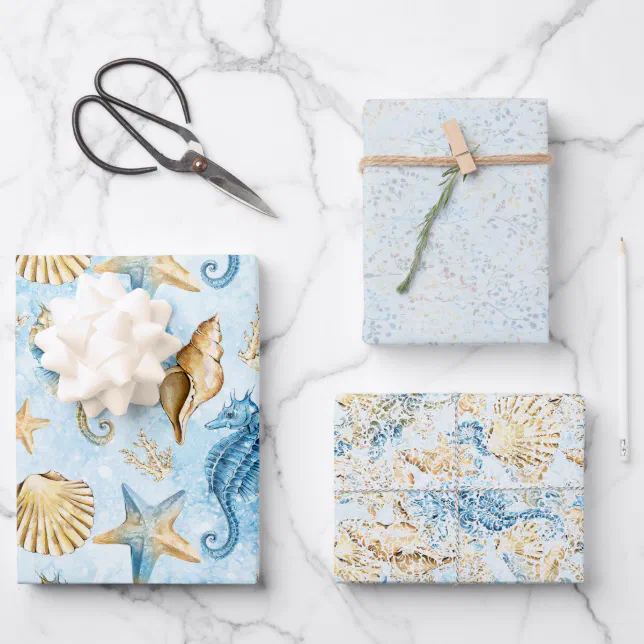Coastal Chic | Modern Blue and Gold Under the Sea Wrapping Paper Sheets ...