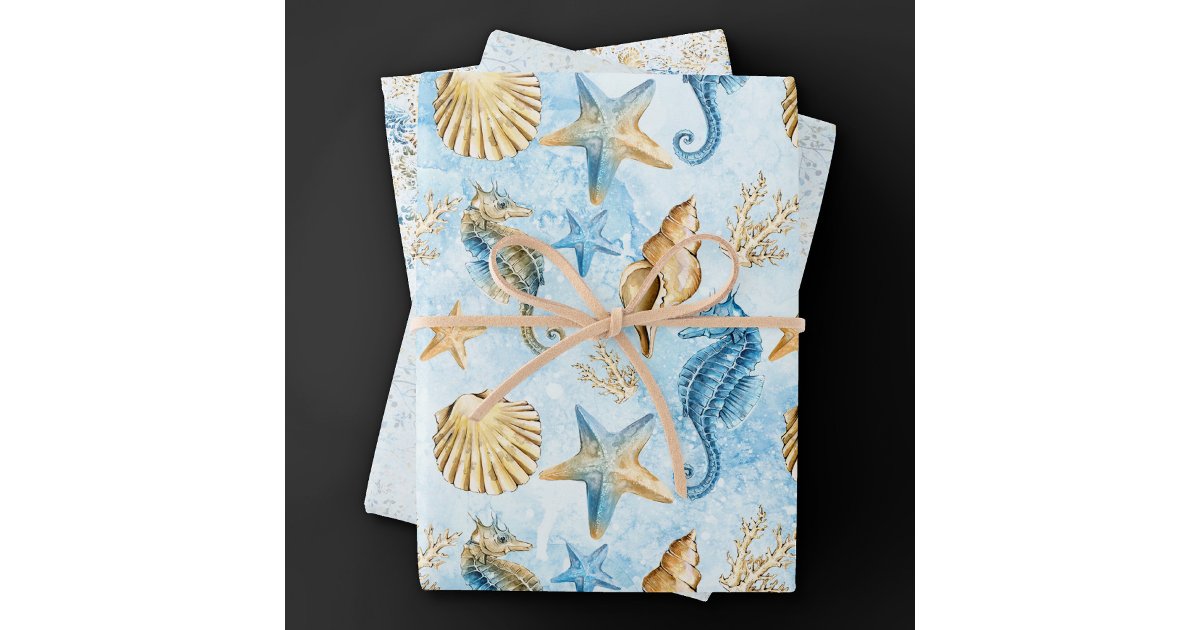 Coastal Chic | Modern Blue and Gold Under the Sea Wrapping Paper Sheets ...