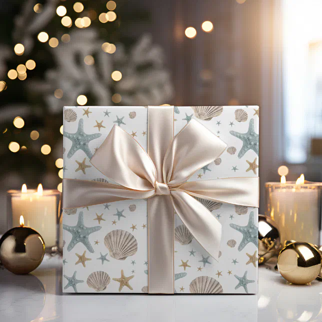 Coastal Christmas Beach Seashells Starfish Holiday Wrapping Paper | Zazzle