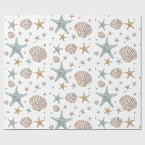 Coastal Christmas Beach Seashells Starfish Holiday Wrapping Paper | Zazzle