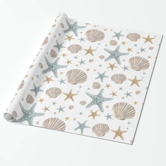 Coastal Christmas Beach Seashells Starfish Holiday Wrapping Paper | Zazzle