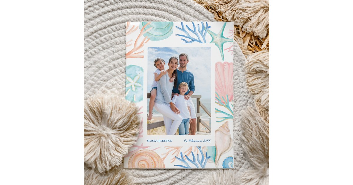Coastal Christmas Beach Watercolor Seashell Photo Holiday Card | Zazzle