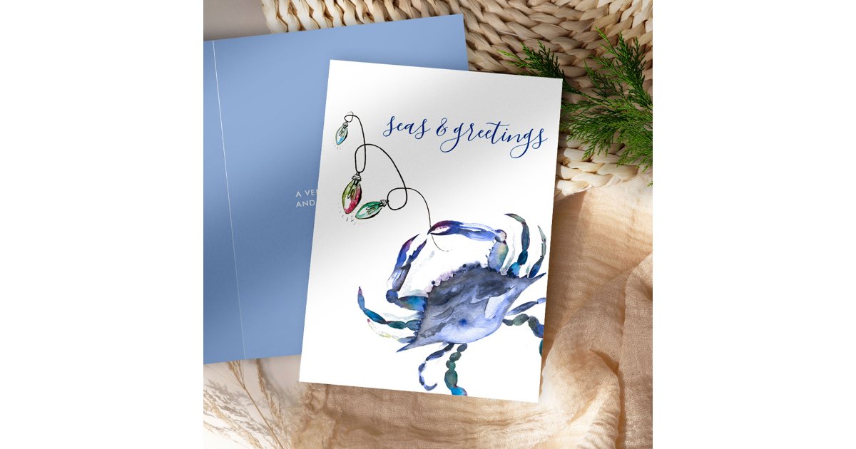 Coastal Christmas Blue Watercolor Crab Beach Card | Zazzle