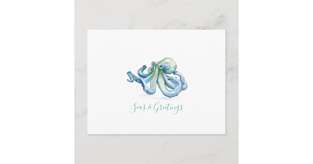 Coastal Christmas Card Watercolor Octopus Postcard | Zazzle