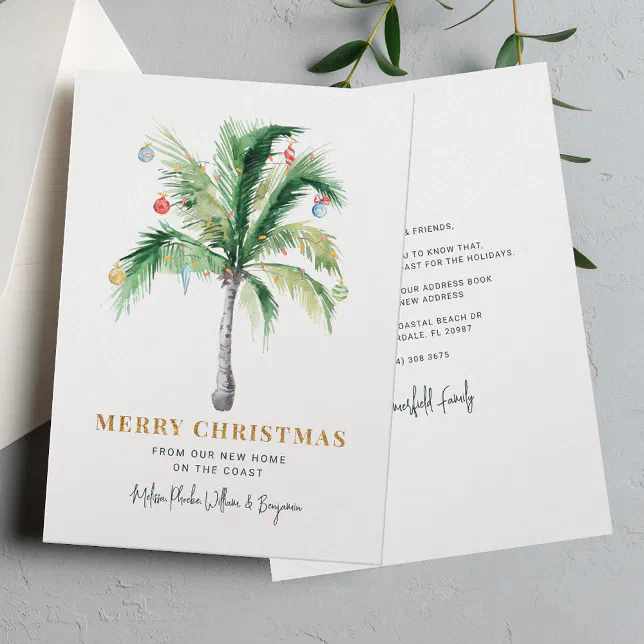 Coastal Christmas Home Palm Tree Moving Holiday Card | Zazzle