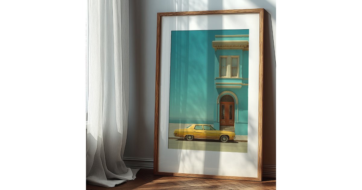 Coastal Contrast: Vintage Yellow Car Poster | Zazzle