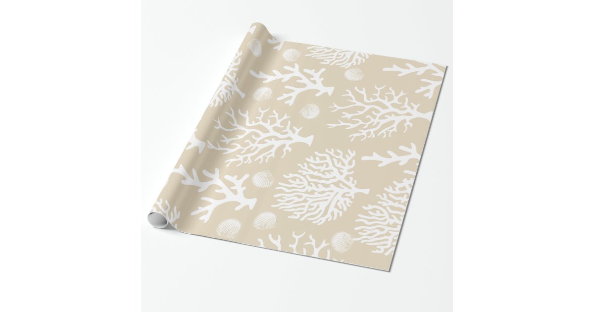 Coastal Elegance White Sea Corals Shells & Taupe Wrapping Paper | Zazzle