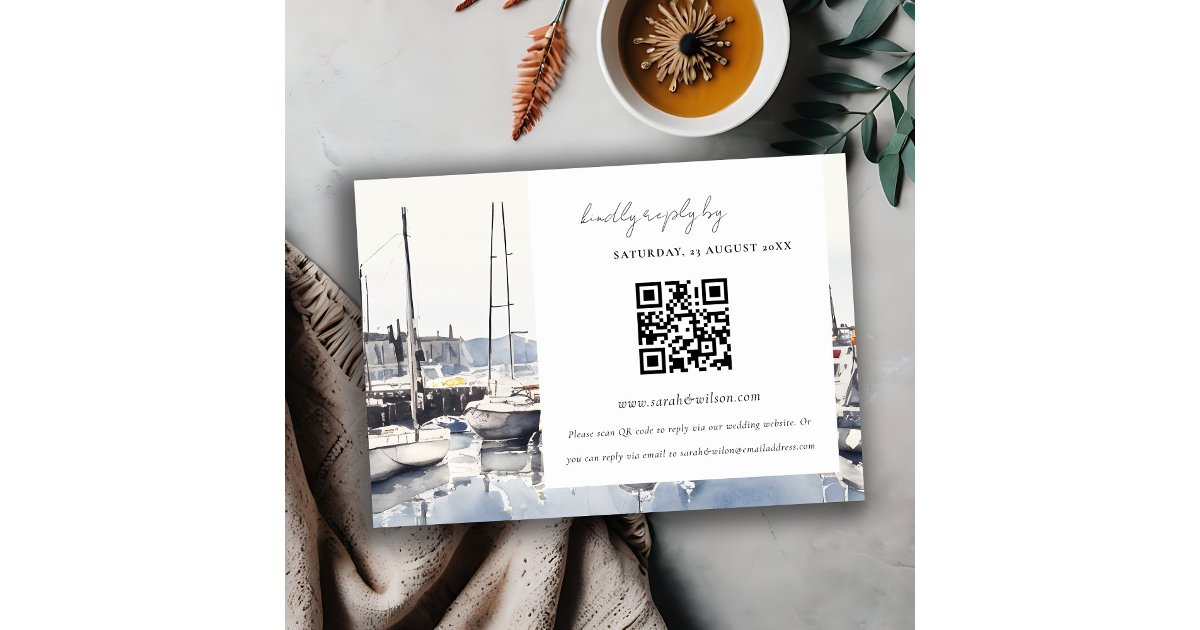 Coastal Harbor Boats Seascape Wedding QR Code RSVP Enclosure Card | Zazzle