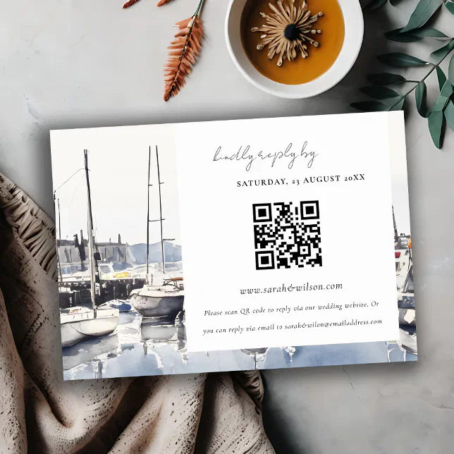 Coastal Harbor Boats Seascape Wedding QR Code RSVP Enclosure Card | Zazzle