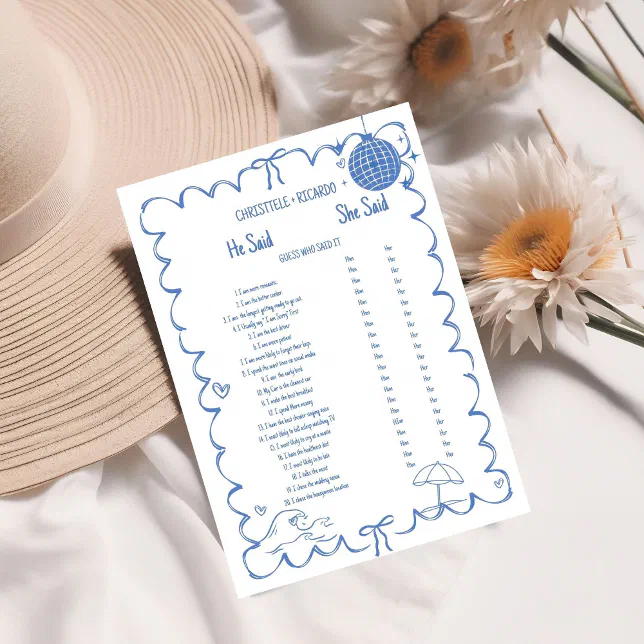 Coastal He said she said Bridal shower game card | Zazzle