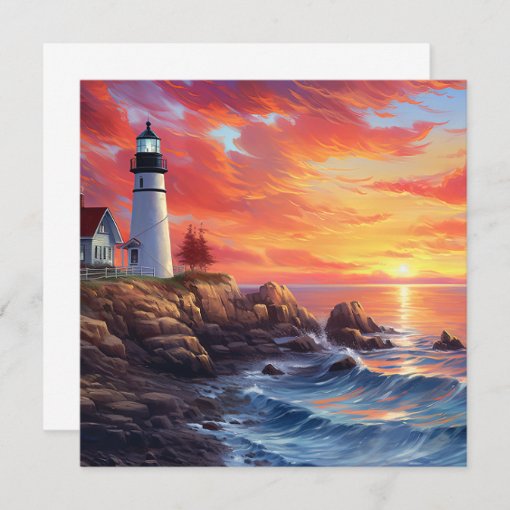 Coastal Lighthouse at Sunset Design Note Card | Zazzle