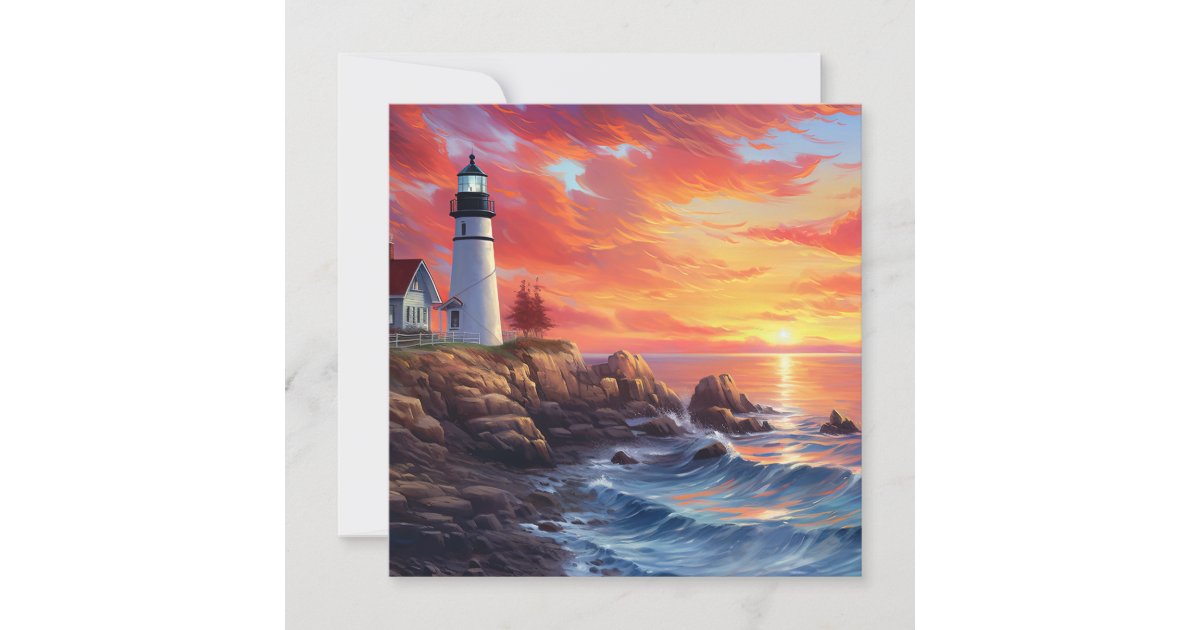 Coastal Lighthouse at Sunset Design Note Card | Zazzle