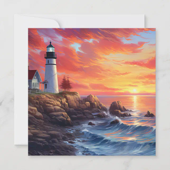 Coastal Lighthouse at Sunset Design Note Card | Zazzle