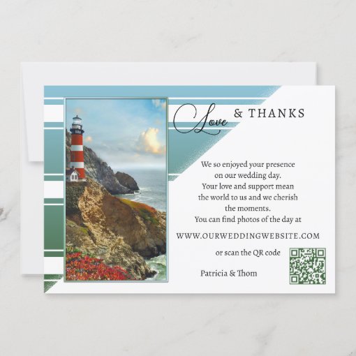 Coastal Lighthouse Photo QR Code Wedding Thank You Card | Zazzle