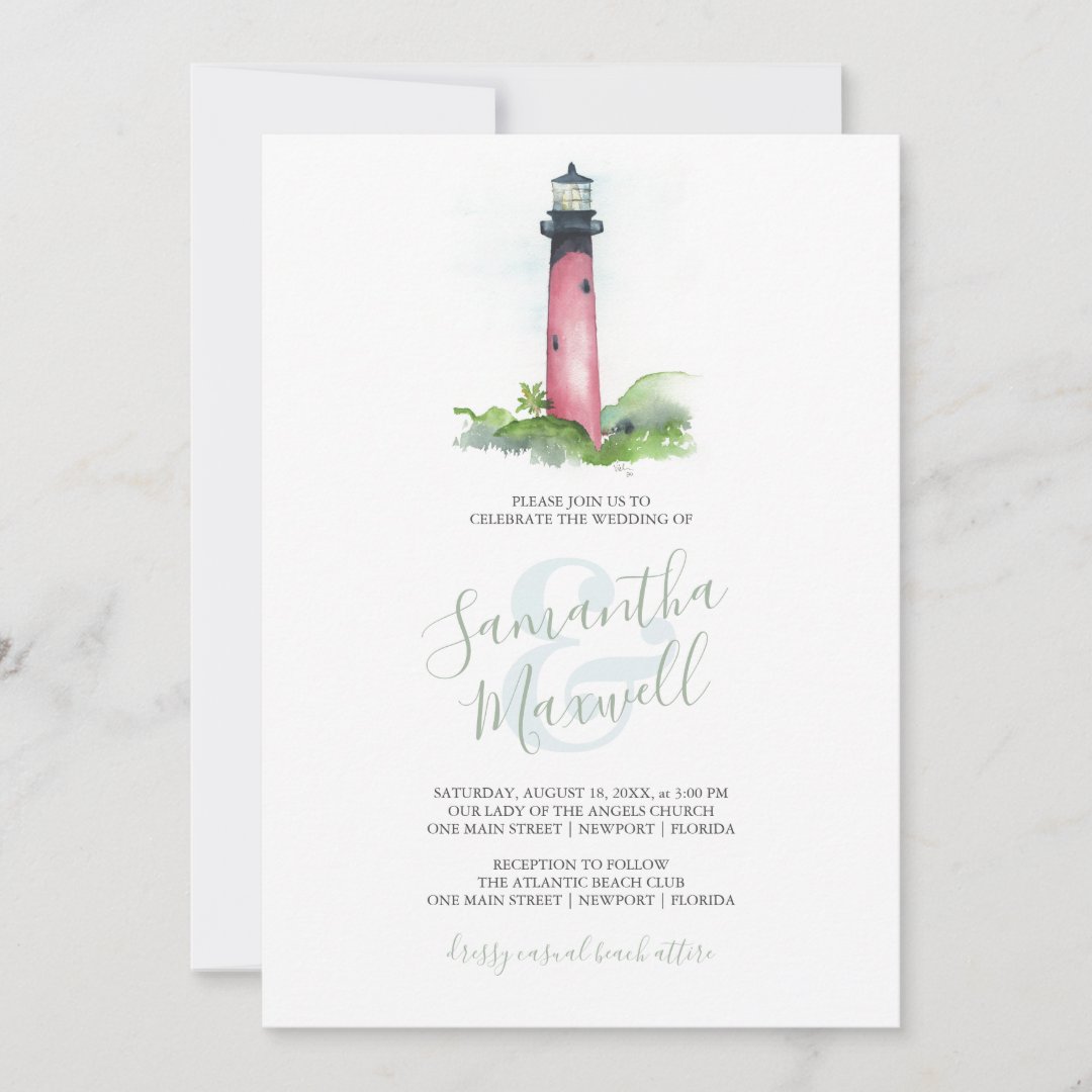 Coastal Lighthouse Watercolor Wedding Invitation | Zazzle