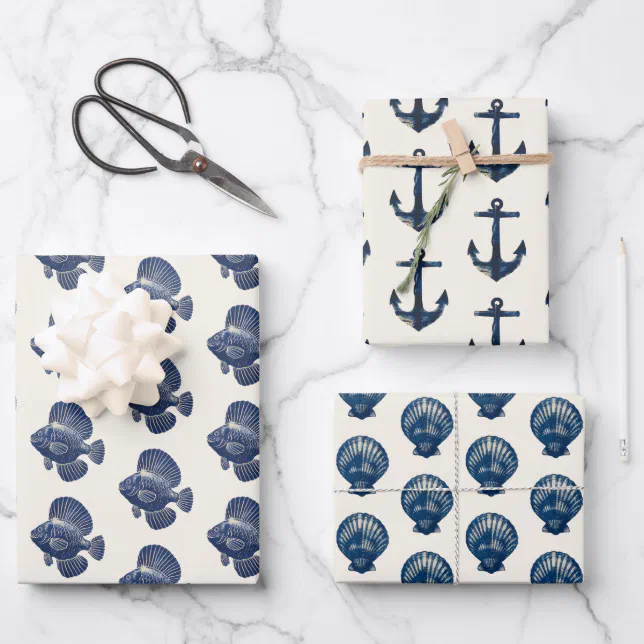 Coastal Nautical Blue Seaside Anchor Shell Fish Wrapping Paper Sheets ...